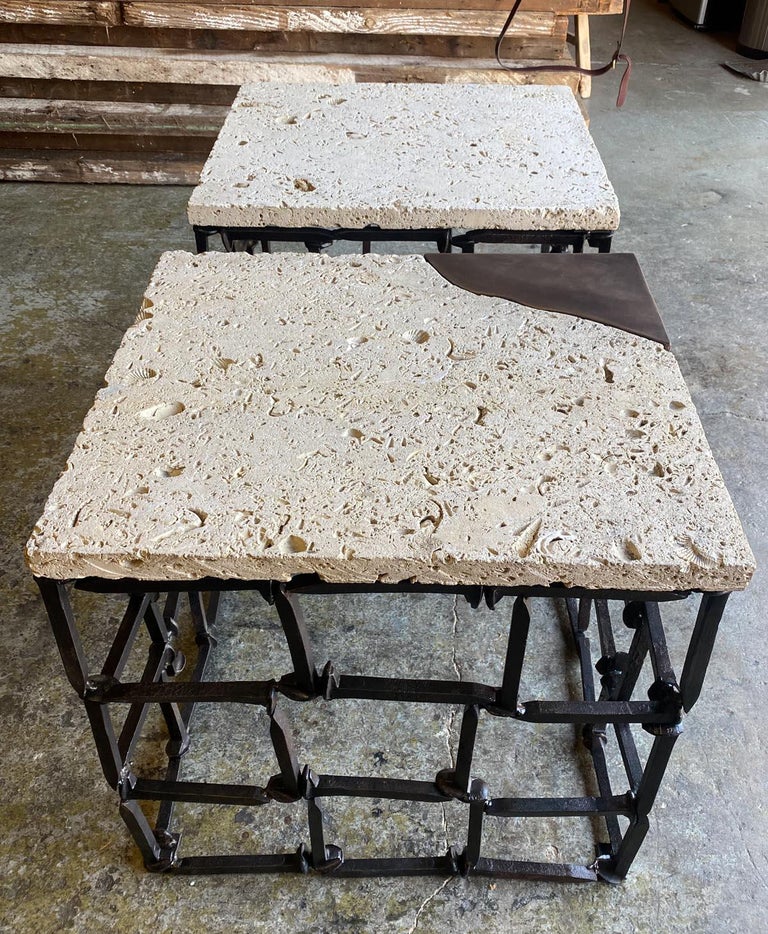 Pair of Vintage Railroad Spike Tables with Stone and Bronze Tops For ...