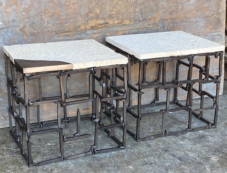 Pair of Vintage Railroad Spike Tables with Stone and Bronze Tops For ...