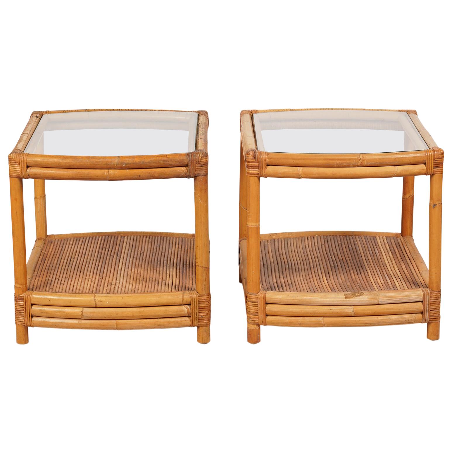 Pair of Vintage Rattan Bamboo Two-Tier Glass Top Curved End Side Tables ...
