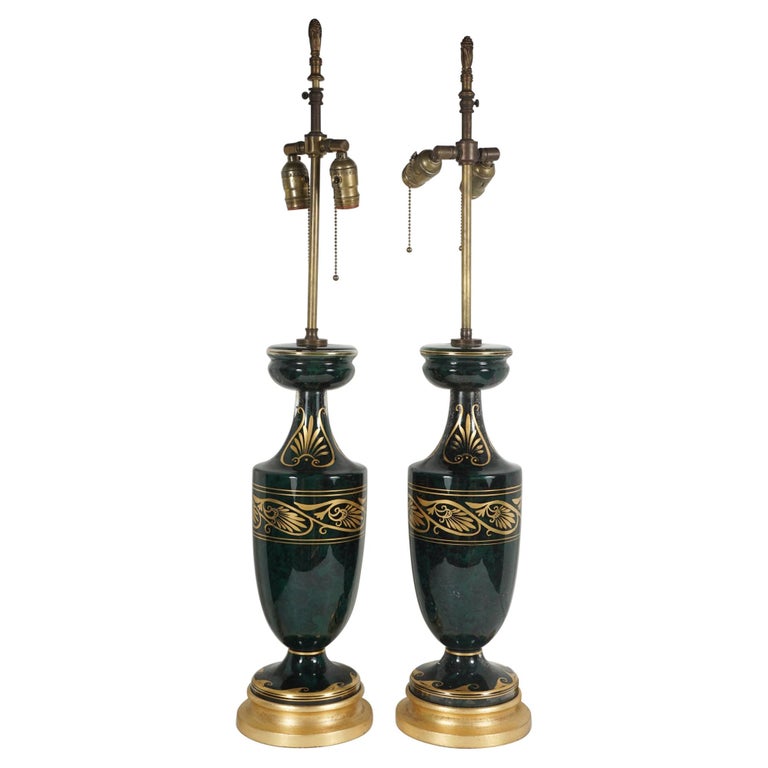 Pair of Vintage Reverse Painted Eglomise Marbled Lamps with Gilt ...
