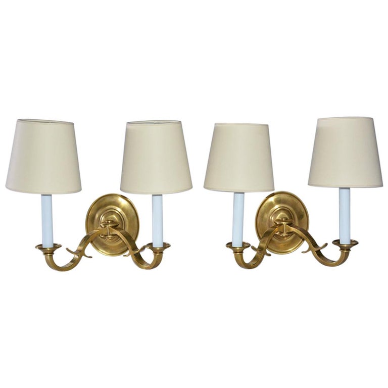 Pair of Vintage Solid Brass Double Arm Sconces with Oval Cream Shades ...