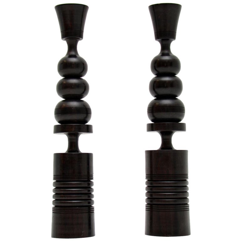 Pair of Vintage Turned Walnut Candlesticks at 1stDibs