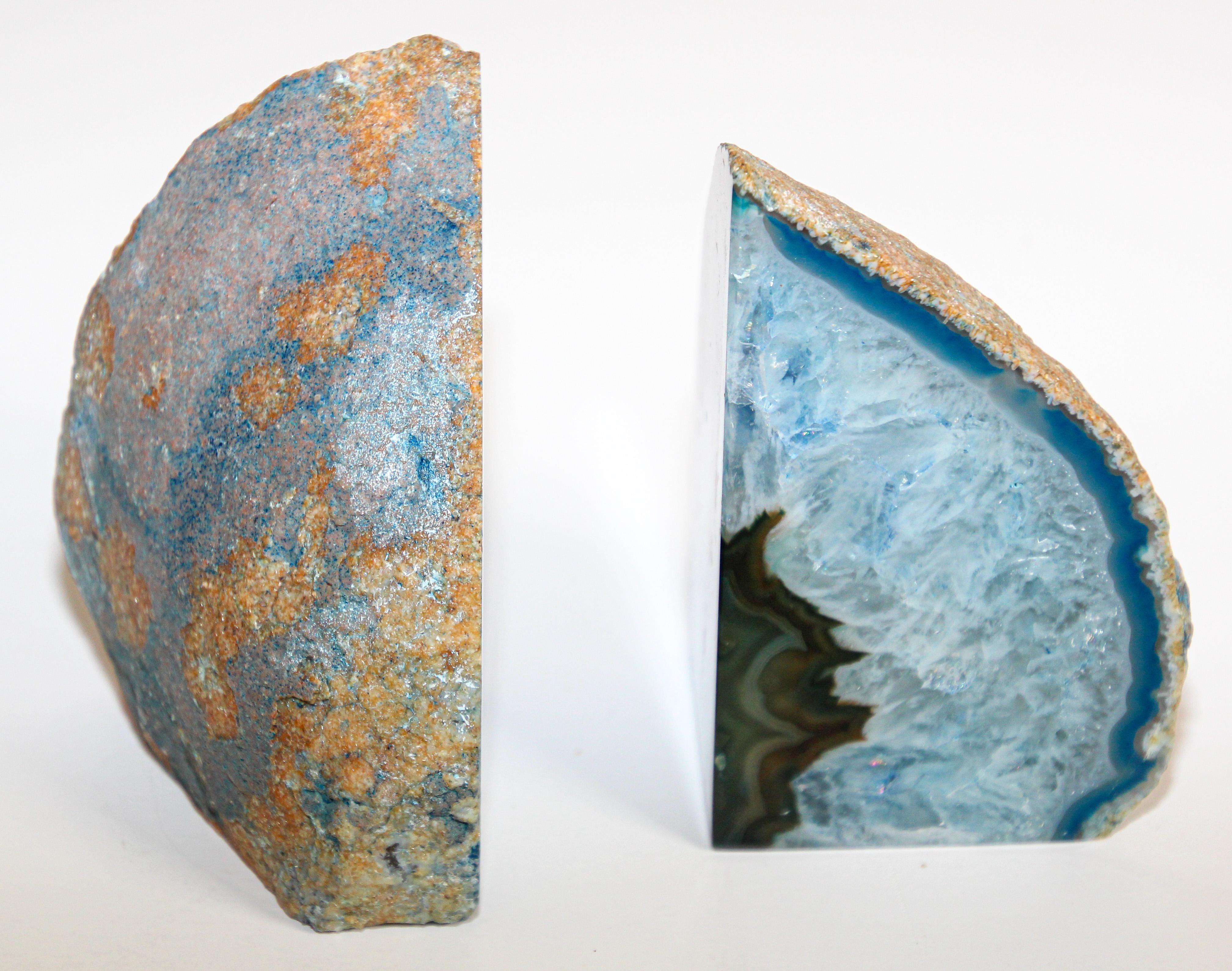 Pair of Vintage Turquoise Blue and White Agate Geode Bookends at 1stDibs