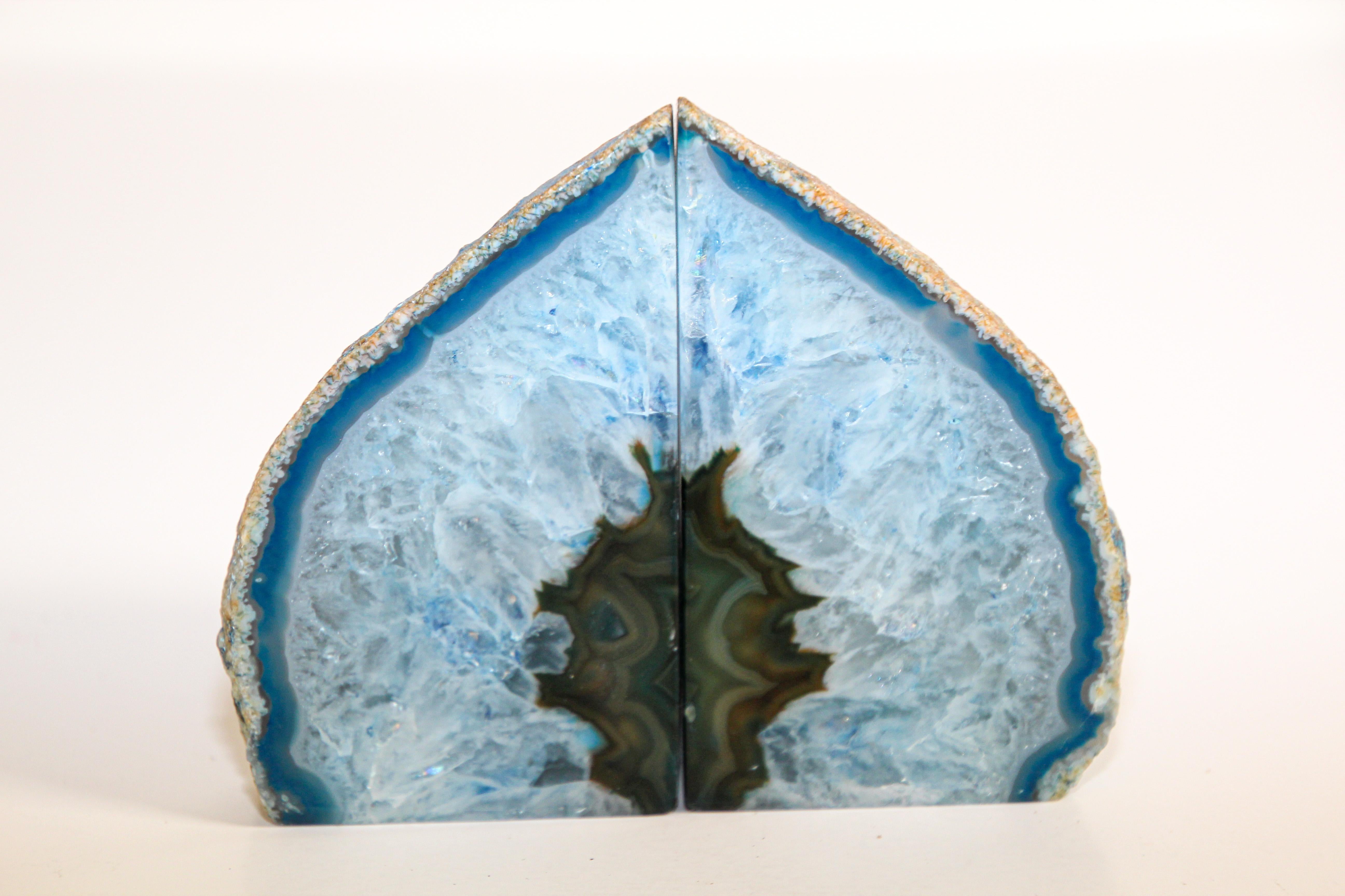 Pair of Vintage Turquoise Blue and White Agate Geode Bookends at 1stDibs