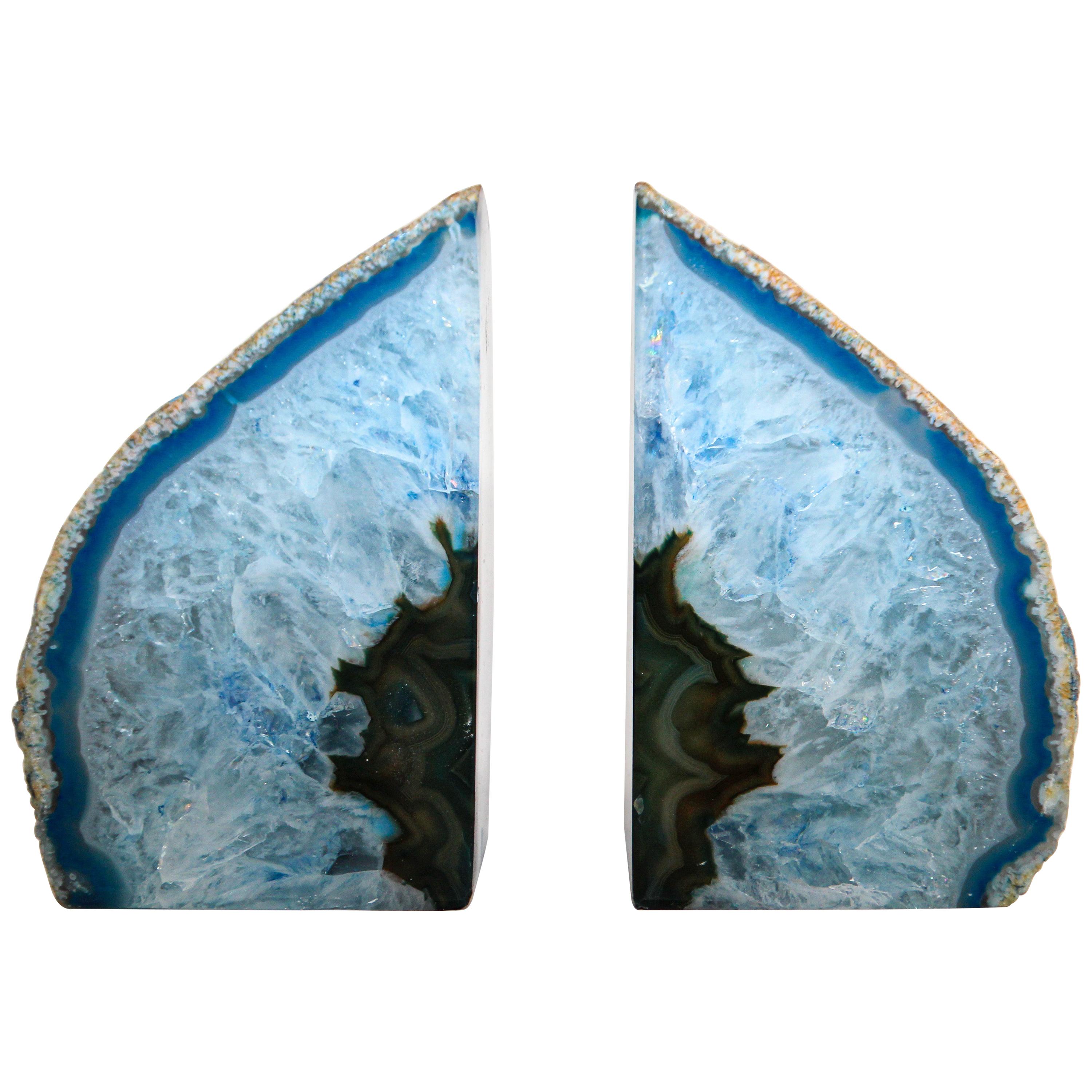 Pair of Vintage Turquoise Blue and White Agate Geode Bookends at 1stDibs