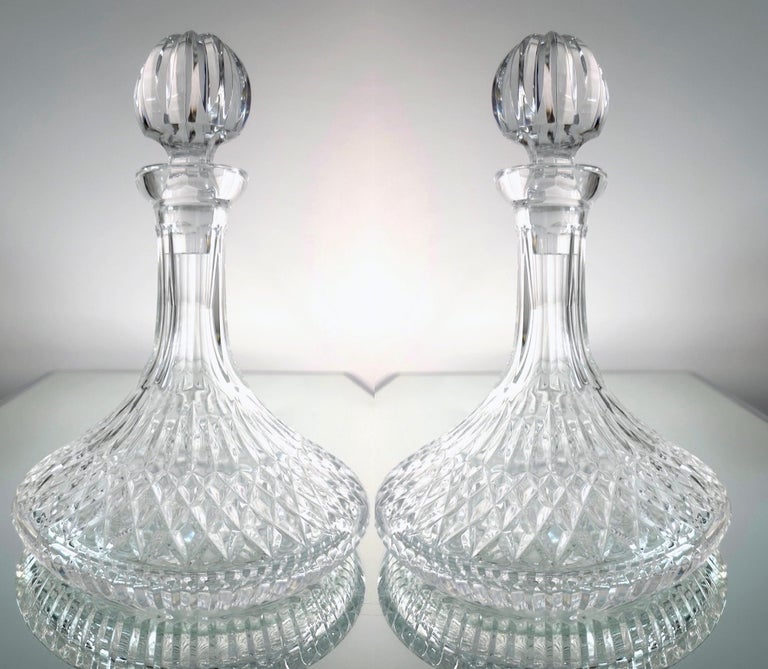 Pair of Vintage Waterford Crystal Ships Decanters with Diamond Cuts, c ...