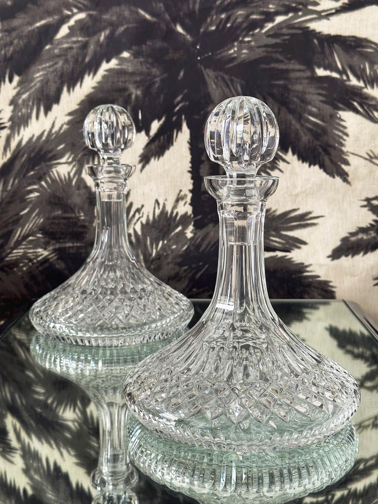 Pair of Vintage Waterford Crystal Ships Decanters with Diamond Cuts, c ...