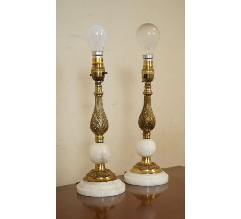 Pair of Vintage White Marble and Brass Table Lamps For Sale at 1stDibs