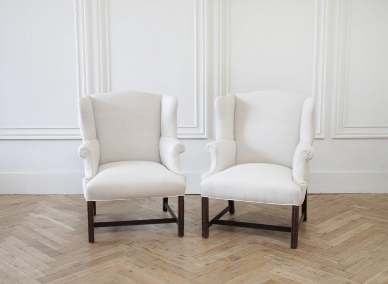 Pair of Vintage Wing Chairs in Natural Linen at 1stDibs