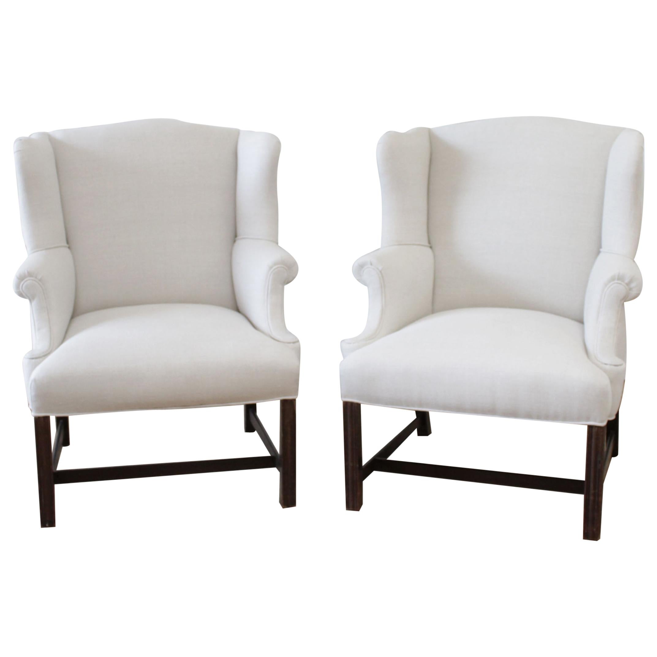 Pair of Vintage Wing Chairs in Natural Linen at 1stDibs