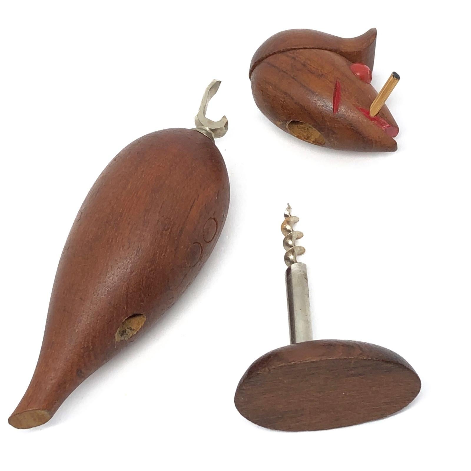 Pair of Vintage Wood Crow Bird Teak Wood Corkscrew Bottle Opener Danish ...