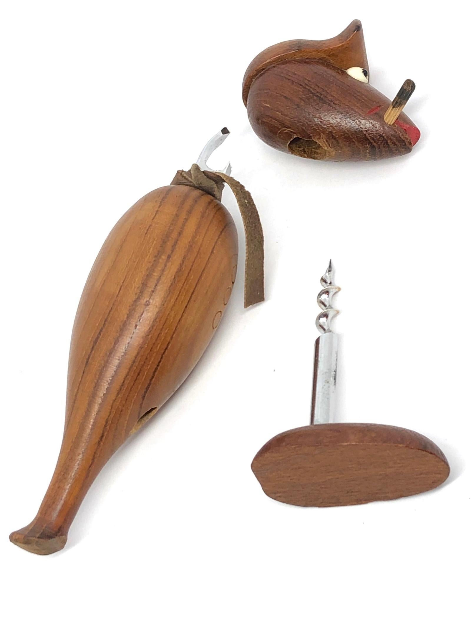 Pair of Vintage Wood Crow Bird Teak Wood Corkscrew Bottle Opener Danish ...