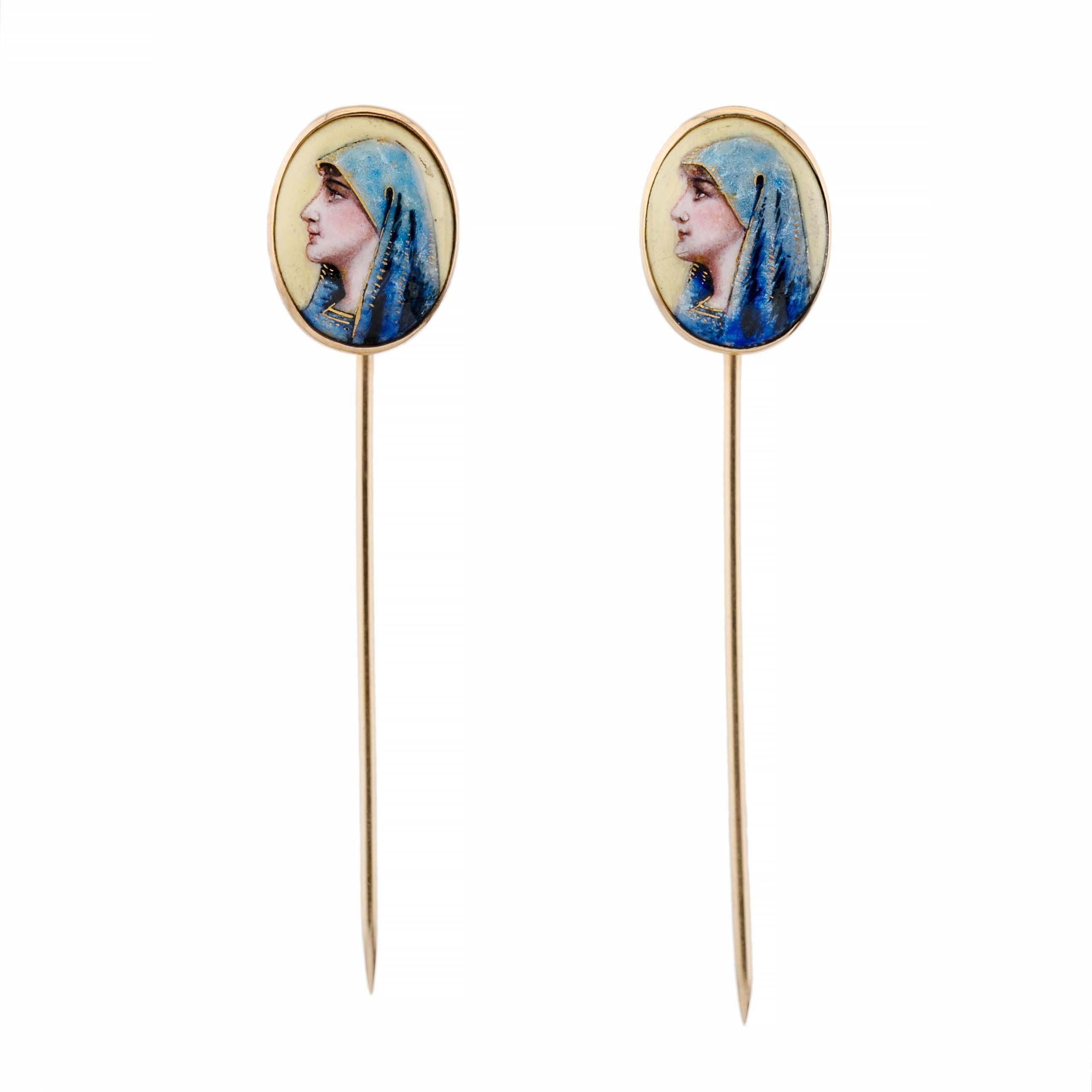 Pair of Virgin Mary Hand Painted Enamel Stick Pins in 14 Karat Yellow ...