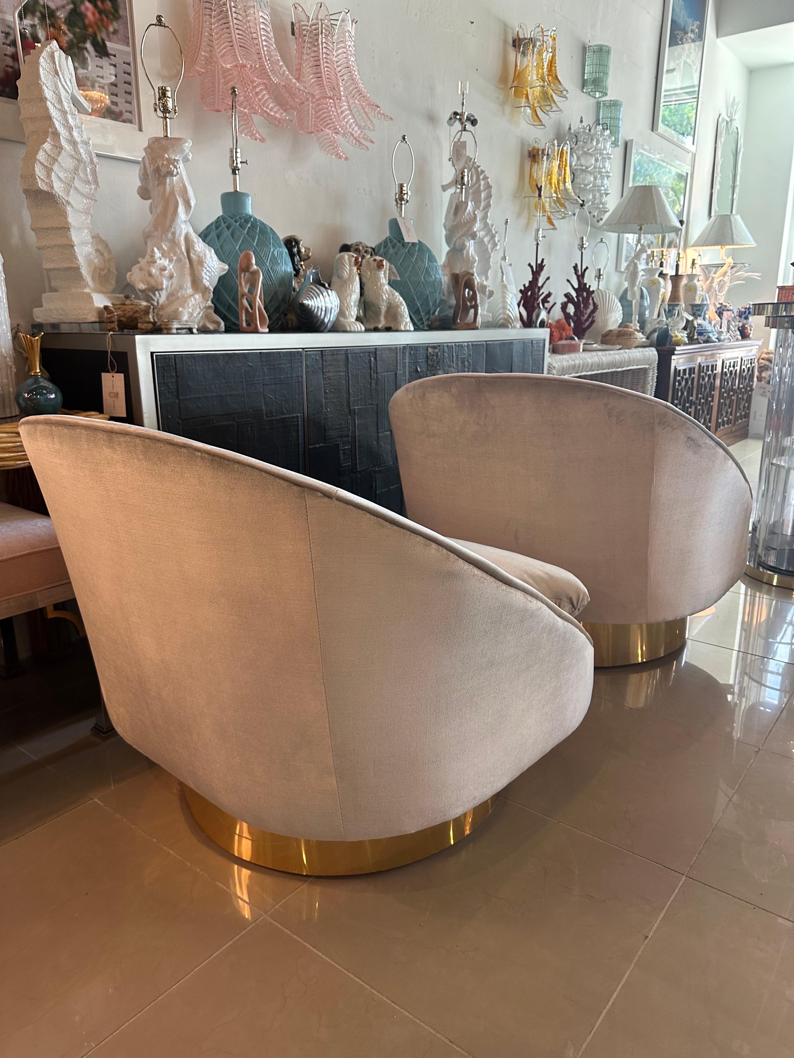 Pair of Vladimir Kagan Crescent Swivel Chairs Brass Base Upholstered ...