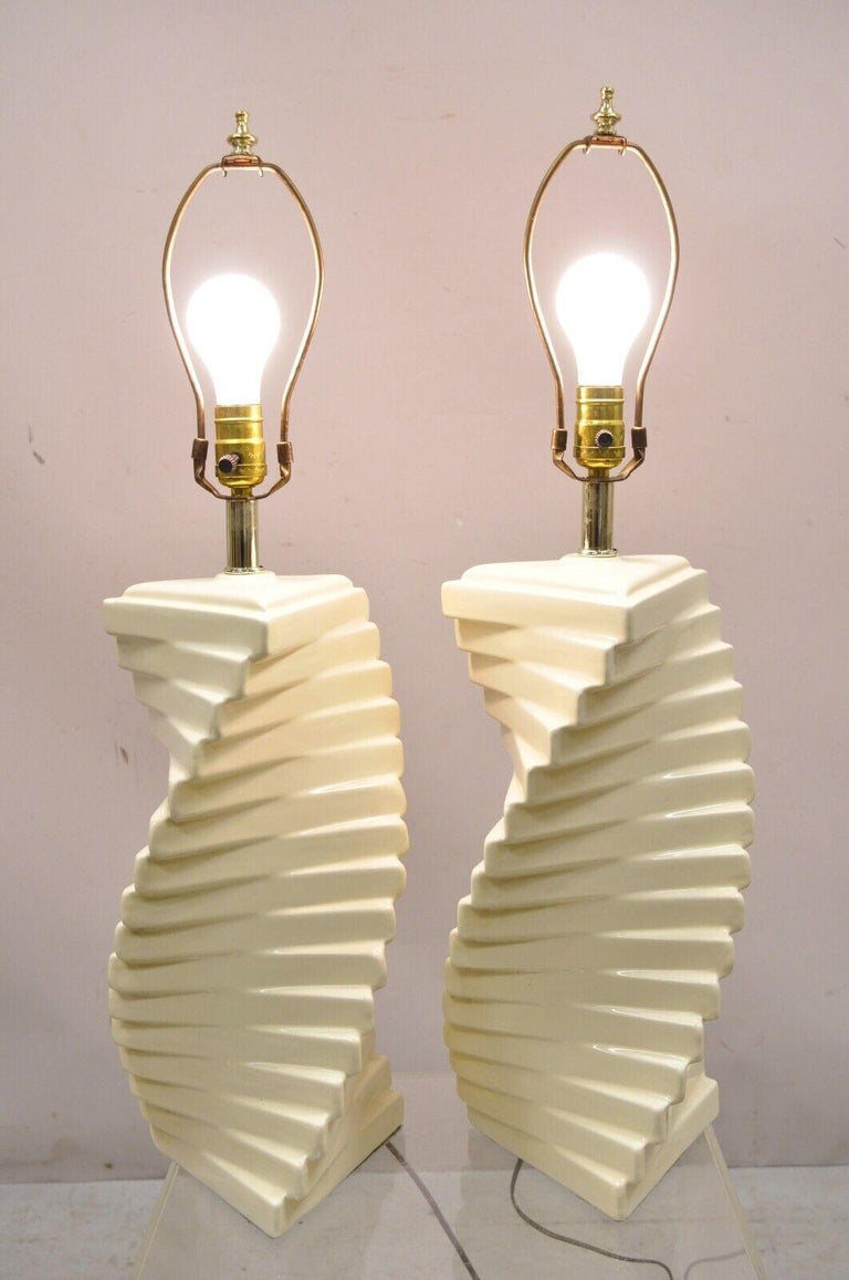 Pair of Vtg Hollywood Regency Beige Ceramic Helix Spiral Mid Century ...