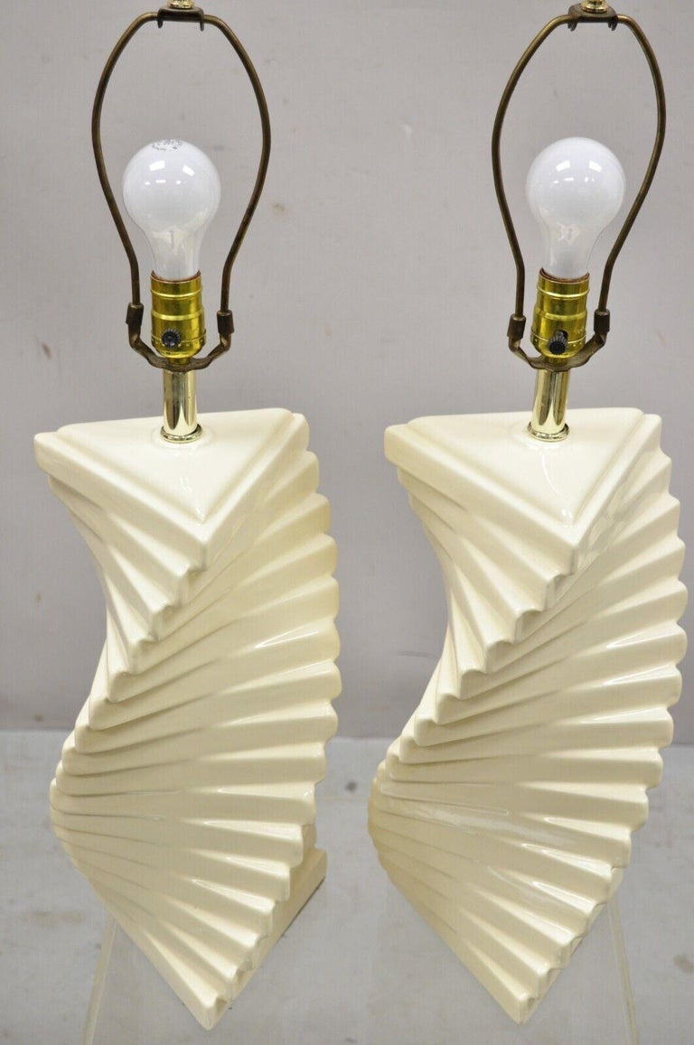 Pair of Vtg Hollywood Regency Beige Ceramic Helix Spiral Mid Century ...