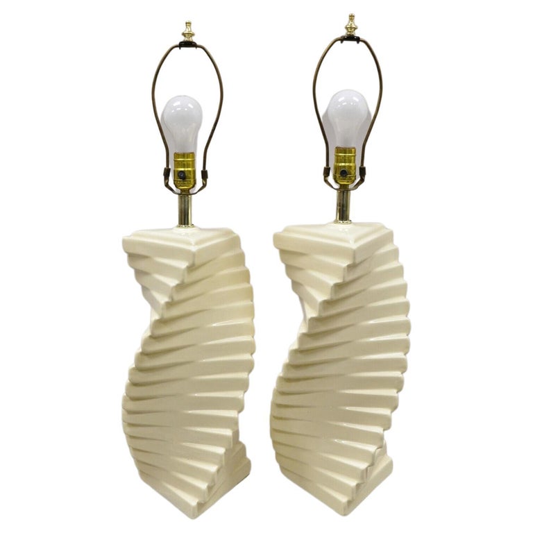 Pair of Vtg Hollywood Regency Beige Ceramic Helix Spiral Mid Century ...