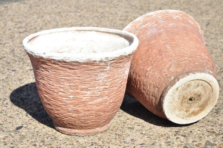 Pair of Vtg Red Distress Painted Fiberglass Round Garden Planter Pots ...