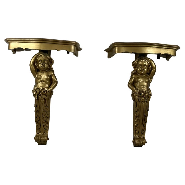 Pair of Wall Consoles in Gilded Wood, Italy, 1940s For Sale at 1stDibs