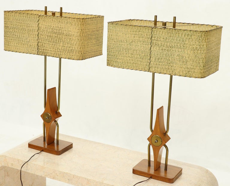 Pair of Walnut and Brass Diamond Pattern Table Lamps For Sale at 1stdibs