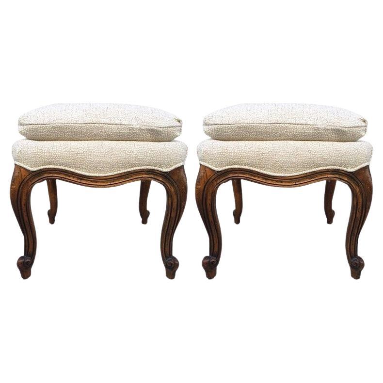 Pair 1960s Solid Walnut Stools in Boucle Fabric For Sale at 1stDibs