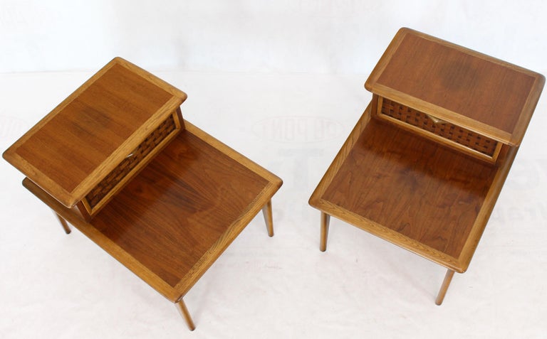 Pair of Walnut Lane Step Tables One Drawer Floating Tops Brass Ball ...