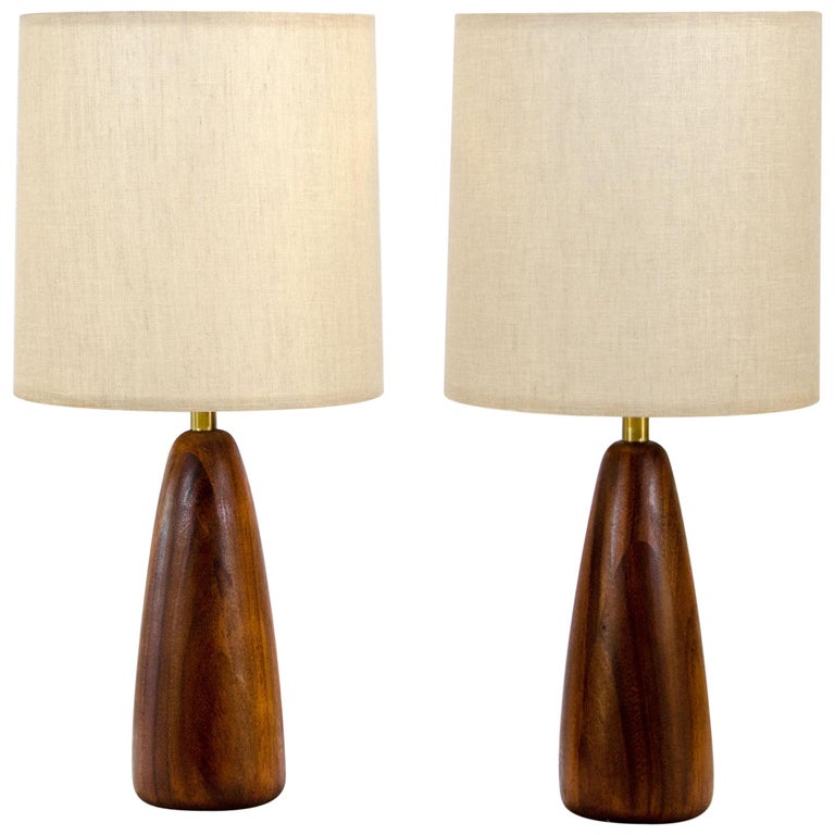 Pair of Walnut Table Lamps, Original Shades at 1stDibs