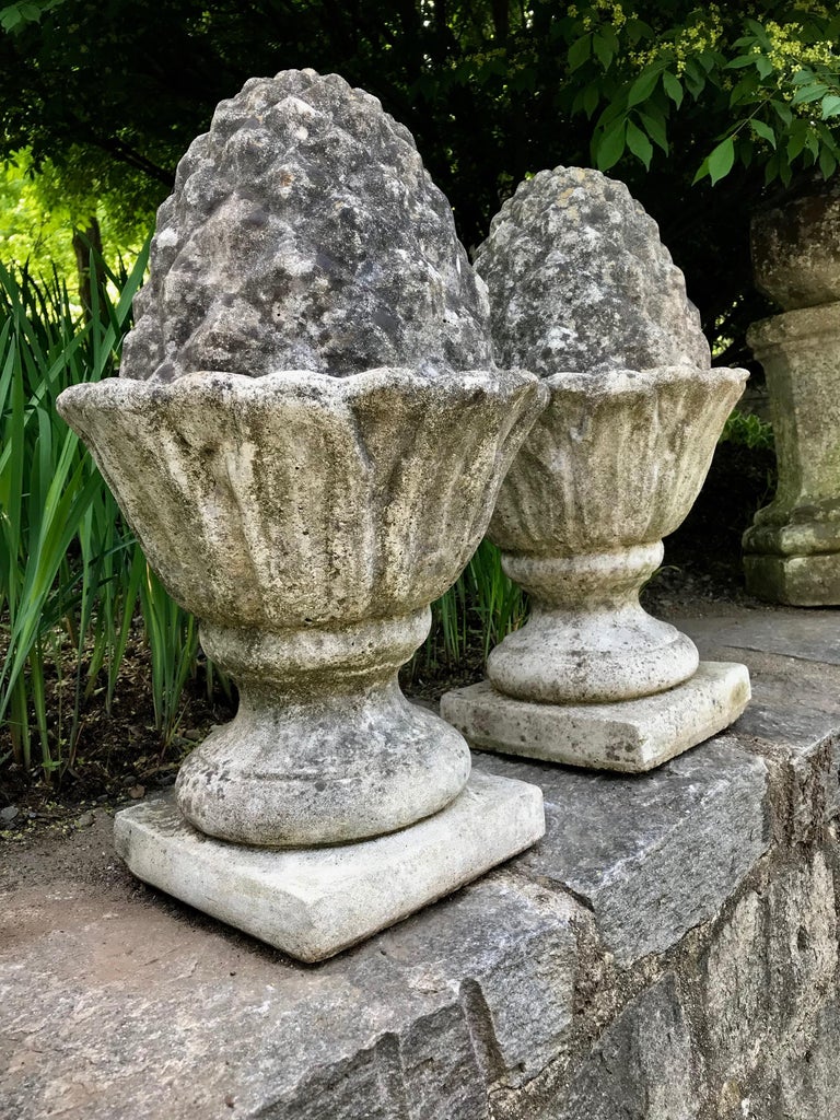 Pair of Weathered English Cast Stone Pineapple Finials at 1stDibs