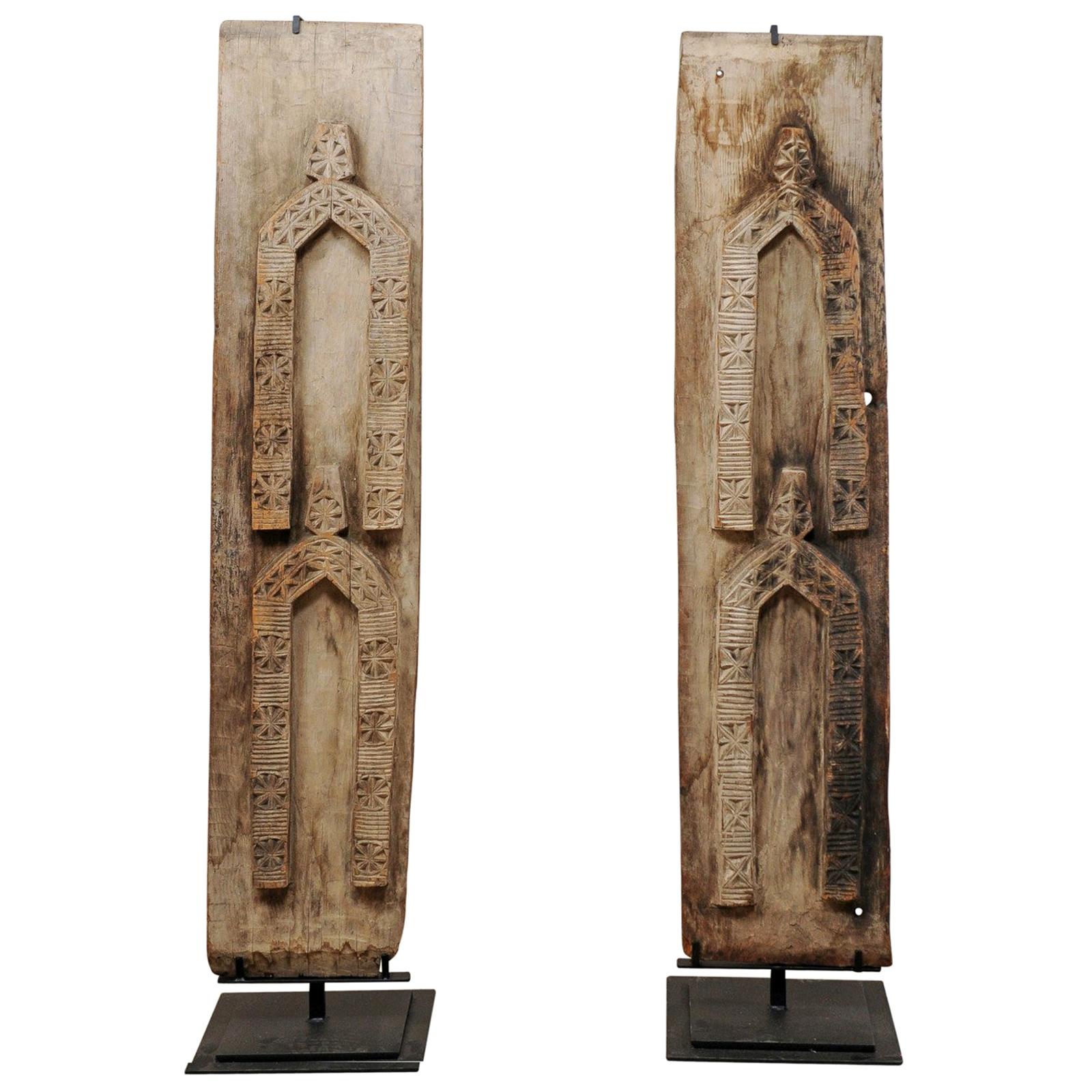 Pair of West African Carved-Wood Panels Raised on Custom Stands at 1stDibs