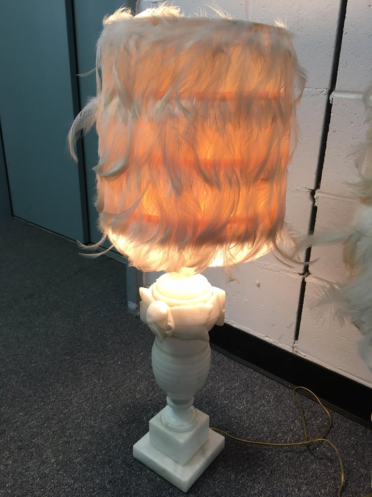 Pair of White Alabaster Carved Lamps with Custom Feather Shades For ...