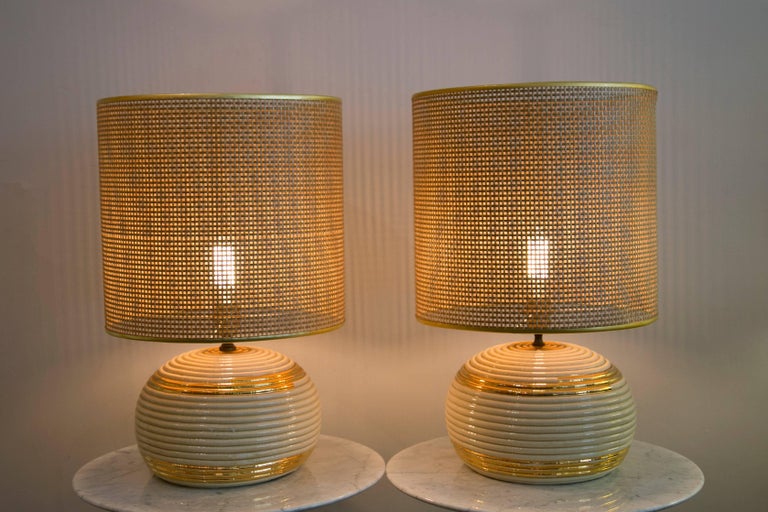 Pair of White and Gold Porcelain Lamps, Cane Work Shades at 1stDibs