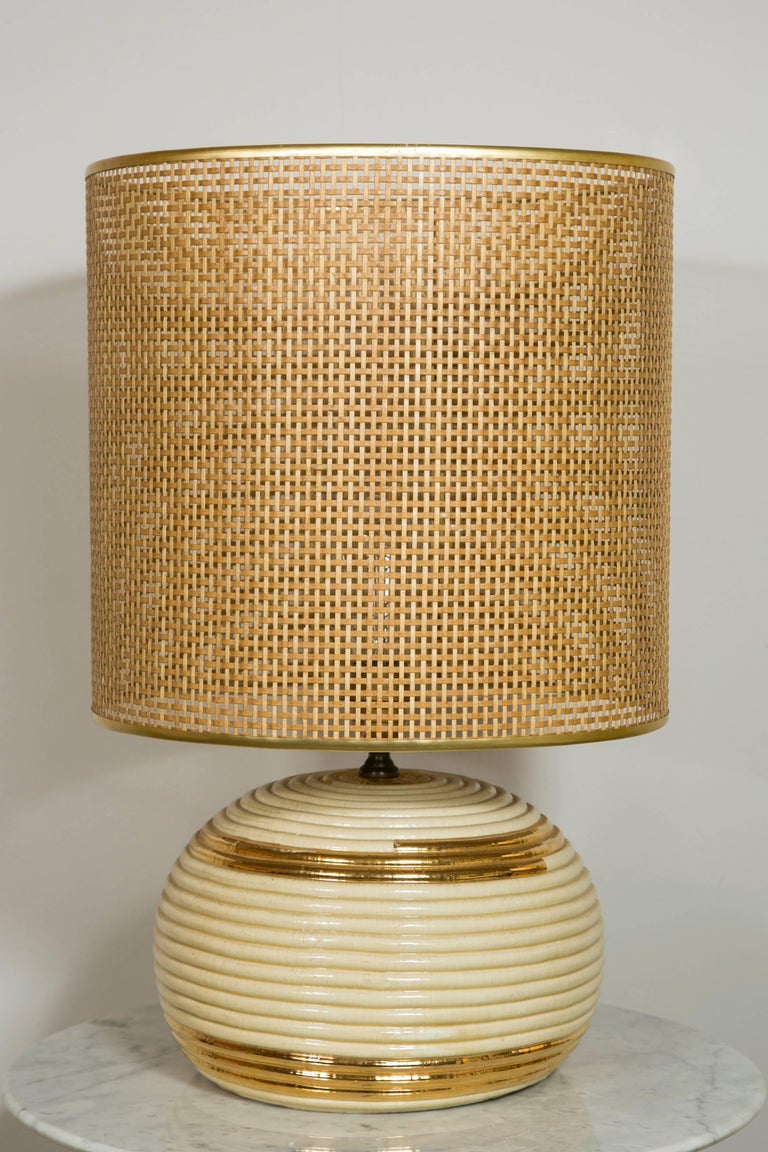 Pair of White and Gold Porcelain Lamps, Cane Work Shades at 1stDibs