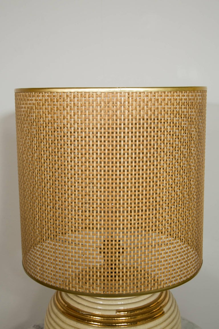 Pair of White and Gold Porcelain Lamps, Cane Work Shades at 1stDibs