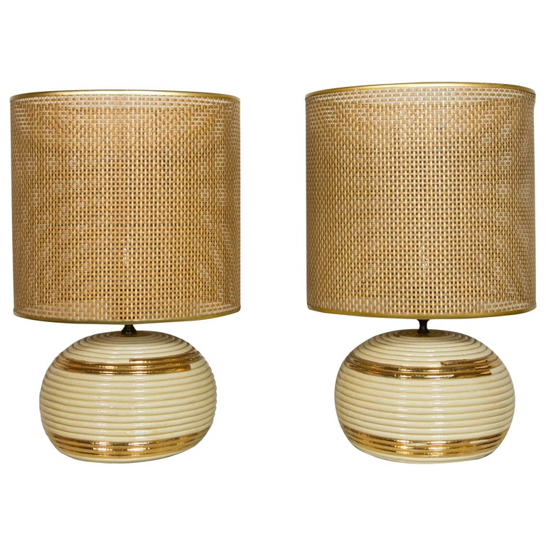 Pair of White and Gold Porcelain Lamps, Cane Work Shades at 1stDibs