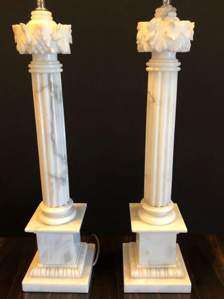 Pair of White and Grey Veined Column Marble Table Lamps with Custom ...