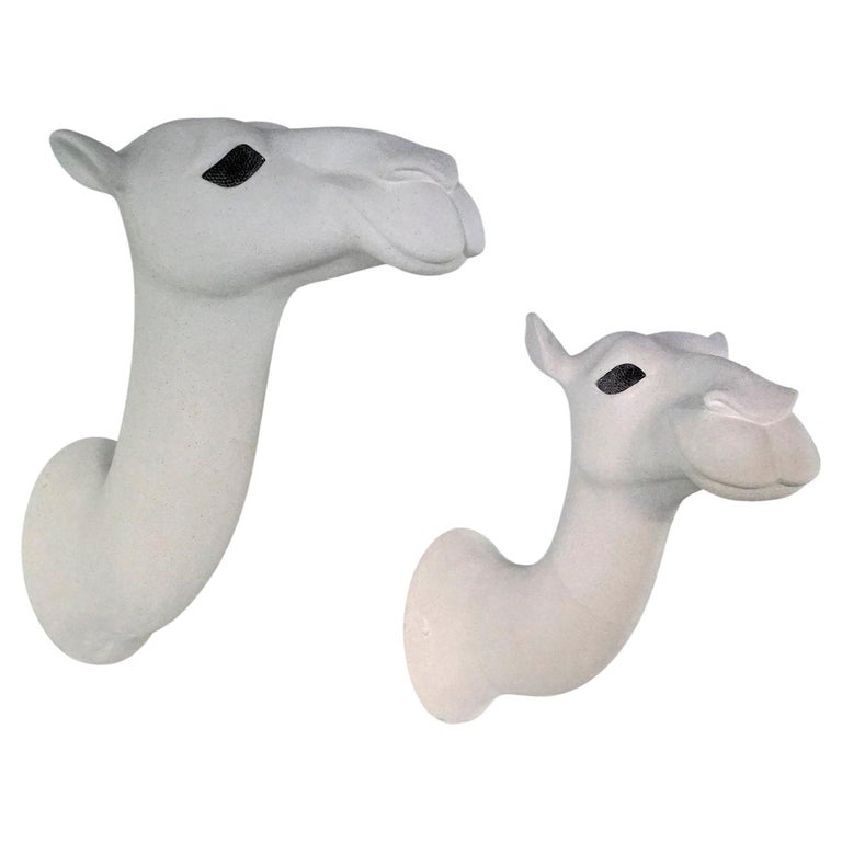 Pair of White Camel Head Wall Mounted Sculptures Signed For Sale at 1stDibs
