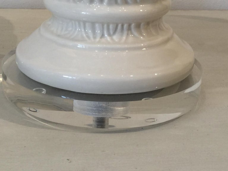 Pair of White Ceramic Table Lamps with Raised Floral Pattern on Lucite ...