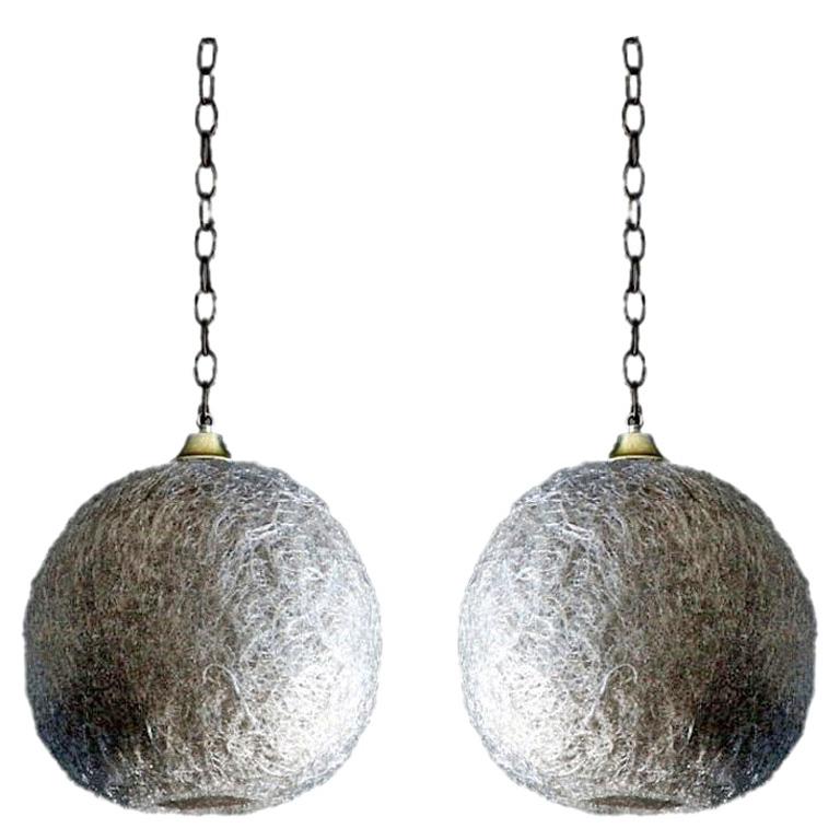 Pair of White Glass Thread Globe Hanging Lights For Sale at 1stDibs
