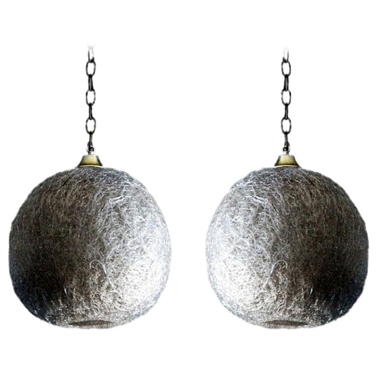 Pair of White Glass Thread Globe Hanging Lights For Sale at 1stDibs