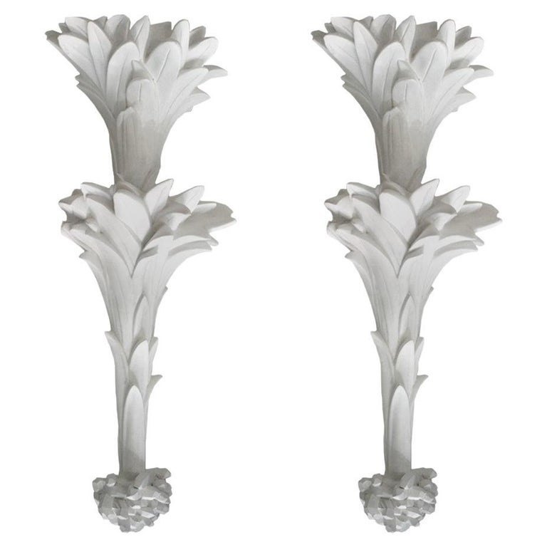 Pair of White Hand Carved Plaster Sconces in the Style of Dorothy ...