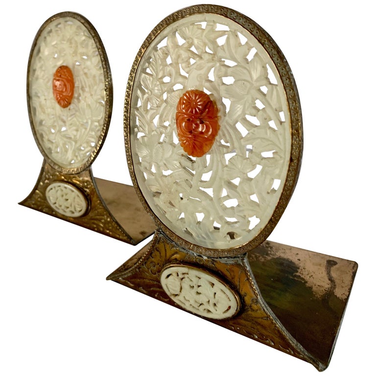 Pair of White Jade and Brass Bookends at 1stDibs