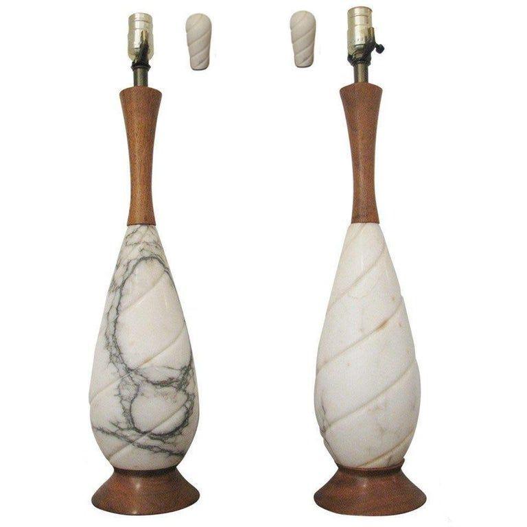Pair of White Marble and Brown Wood Table Lamps For Sale at 1stDibs