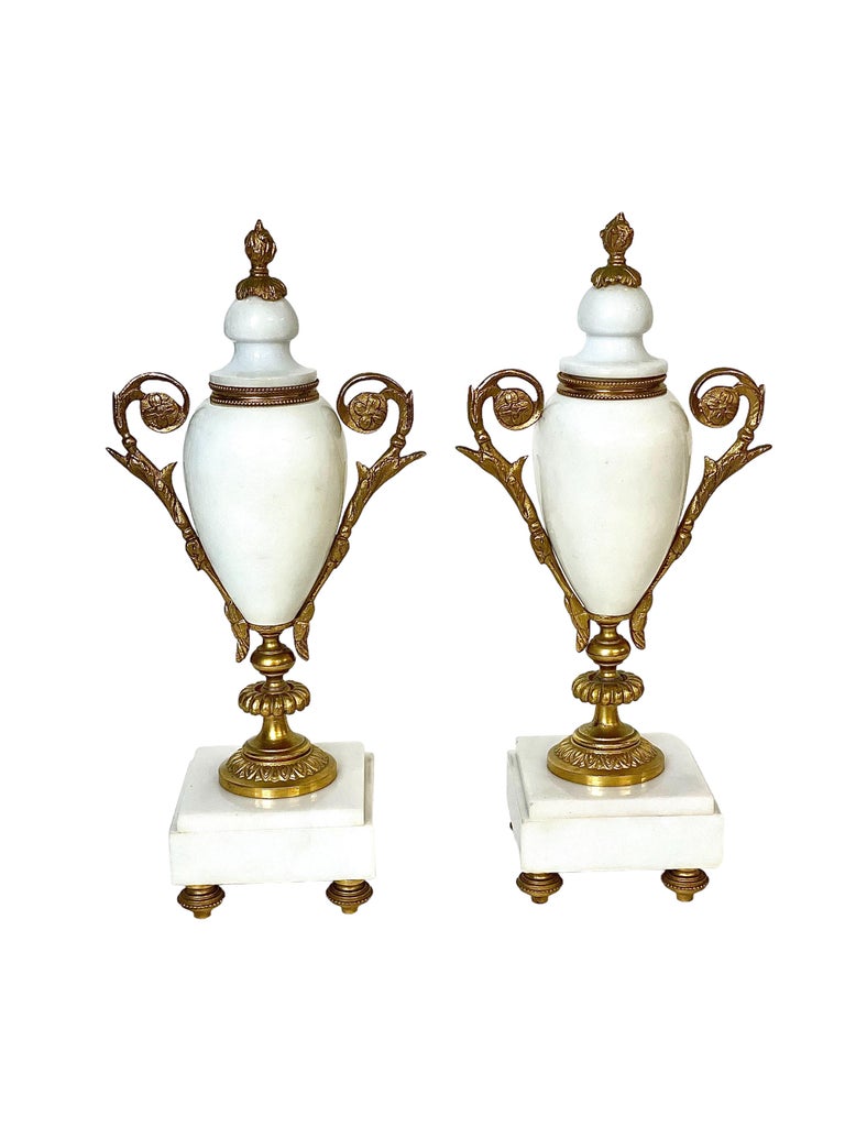 Pair of White Marble and Ormolu 'Cassolette' Urns For Sale at 1stDibs
