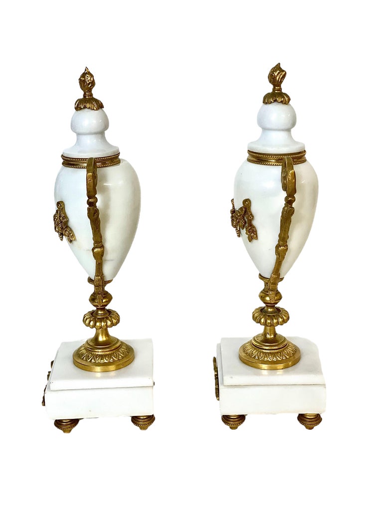 Pair of White Marble and Ormolu 'Cassolette' Urns For Sale at 1stDibs