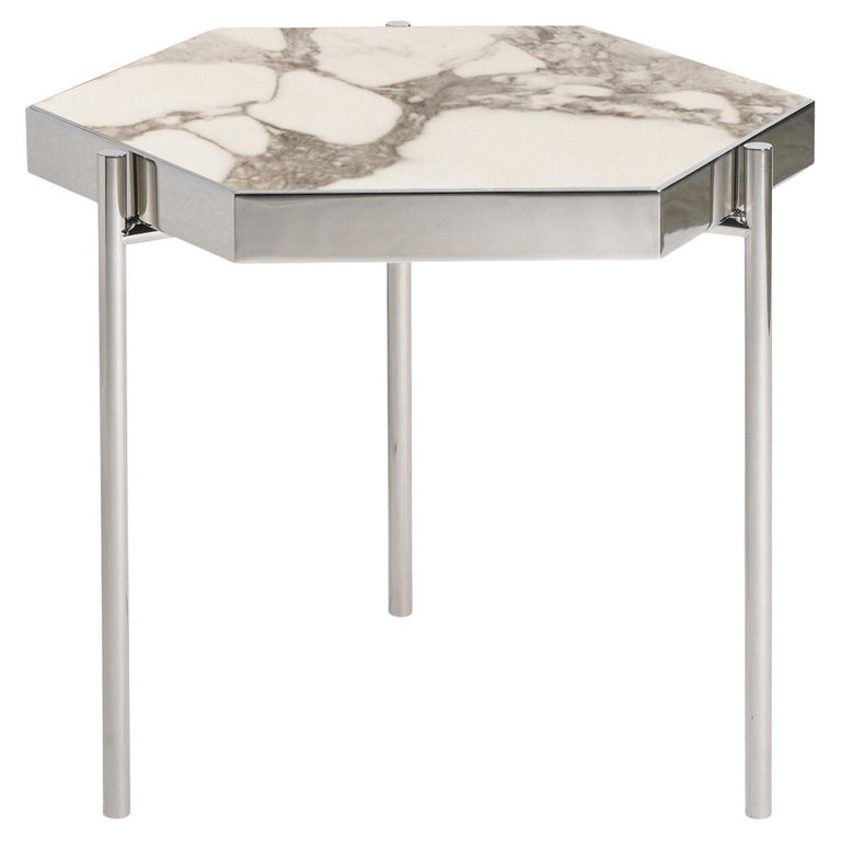 Pair of White Marble Staineless Steel Side Hexagonal Tables For Sale at ...