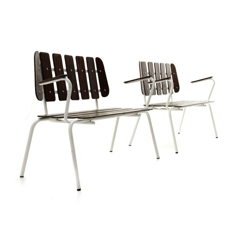 Pair of White Metal Benches with Wooden Slats, 1950s For Sale at 1stDibs