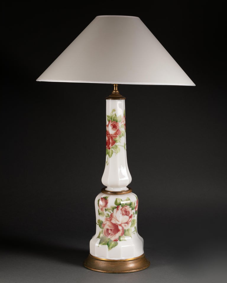 Pair of White Overlay Glass Lamps with Hand Painted Roses, Circa 1920 ...
