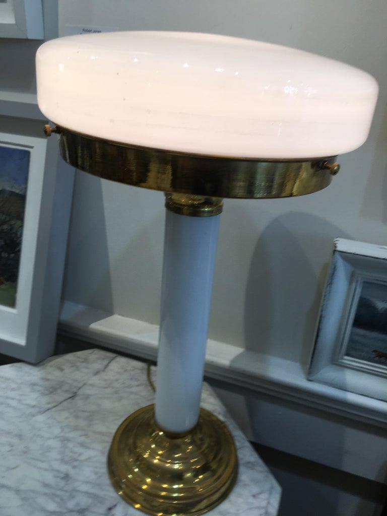 Pair of Nautical White Opaque Glass and Brass Table Lamps, Mid-Century ...