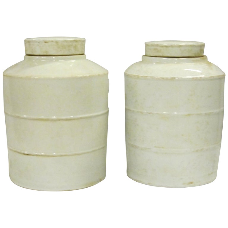 Pair of White Ribbed Round Jars with Lids, China, Contemporary at 1stDibs