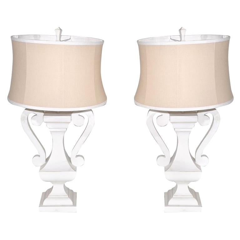 Pair of White Wood Urn Table Lamps at 1stDibs